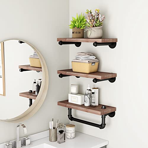 BOSURU Industrial Bathroom Shelves Pipe Wall Shelf with Rustic Wood Shelving for Towel Shelf Storage Wall Mounted Floating Shelves Home Kitchen(3-Tiers)