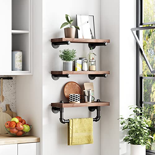 BOSURU Industrial Bathroom Shelves Pipe Wall Shelf with Rustic Wood Shelving for Towel Shelf Storage Wall Mounted Floating Shelves Home Kitchen(3-Tiers)