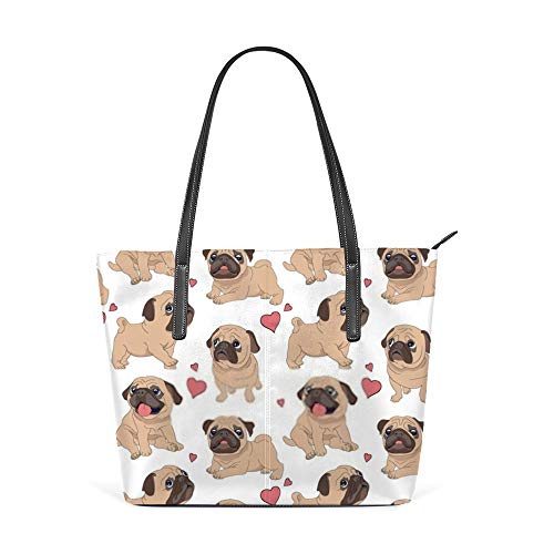 Large Work Tote Bags Women's PU Leather Fashion Funny Cartoon Pugs Puppies Handbags Shopper Bag Casual Bag