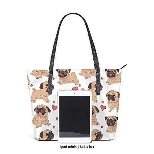 Large Work Tote Bags Women's PU Leather Fashion Funny Cartoon Pugs Puppies Handbags Shopper Bag Casual Bag