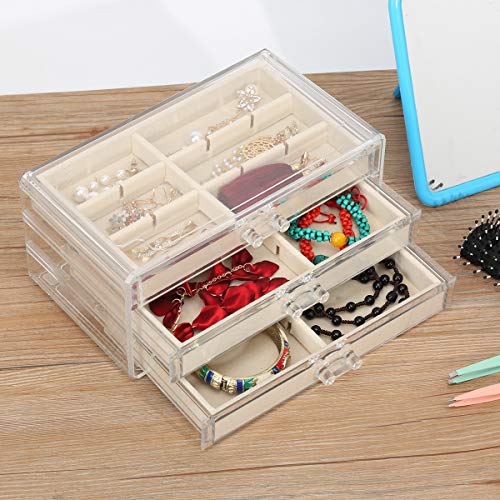 FEISCON Acrylic Jewelry Organizer Makeup Cosmetic Storage Organizer Box Clear Jewelry Case with 3 Drawers Adjustable Jewelry Box Velvet Trays Grid Size