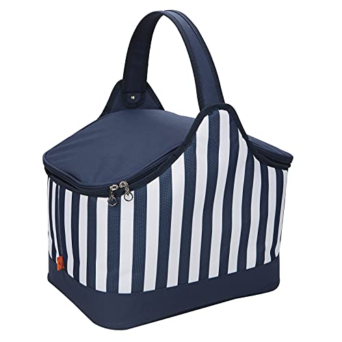 Yodo 20L Folding Picnic Basket Large Insulated Cooler Bag Waterproof for Gathering Travel Camping BBQ,Blue Stripe