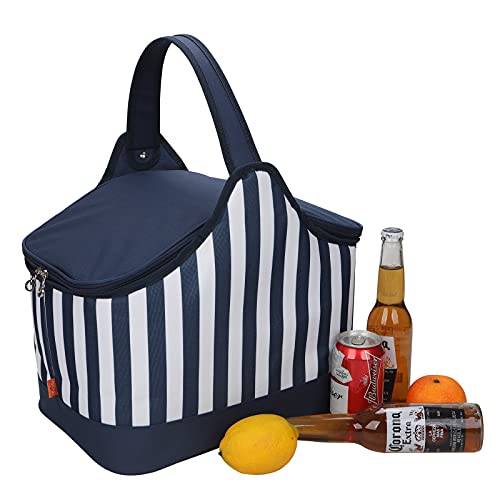 Yodo 20L Folding Picnic Basket Large Insulated Cooler Bag Waterproof for Gathering Travel Camping BBQ,Blue Stripe