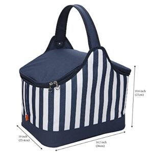 Yodo 20L Folding Picnic Basket Large Insulated Cooler Bag Waterproof for Gathering Travel Camping BBQ,Blue Stripe