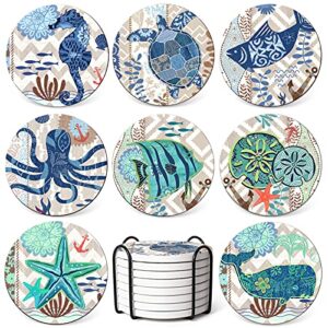 coaster for drinks by teivio, absorbing stone sea ocean life paint- cork base, with holder, coastal decor beach themed tropical , for housewarming bar decor, set of 8