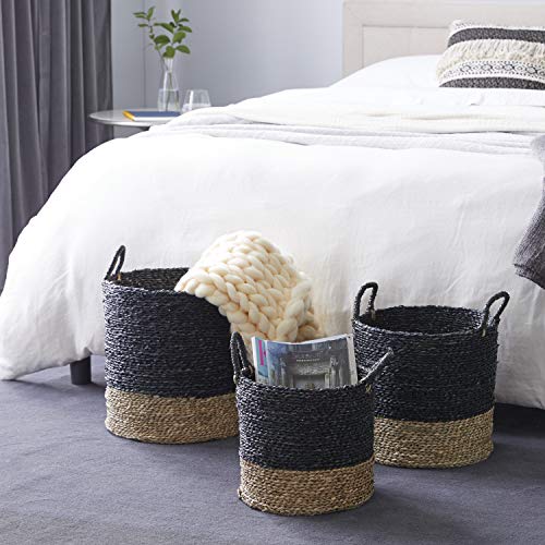 Deco 79 Seagrass Handmade Two Toned Storage Basket with Handles, Set of 3 17", 15", 14"H, Black