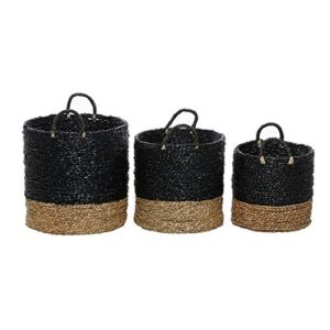 Deco 79 Seagrass Handmade Two Toned Storage Basket with Handles, Set of 3 17", 15", 14"H, Black