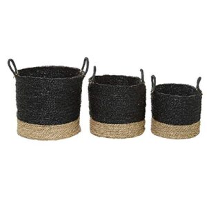 Deco 79 Seagrass Handmade Two Toned Storage Basket with Handles, Set of 3 17", 15", 14"H, Black