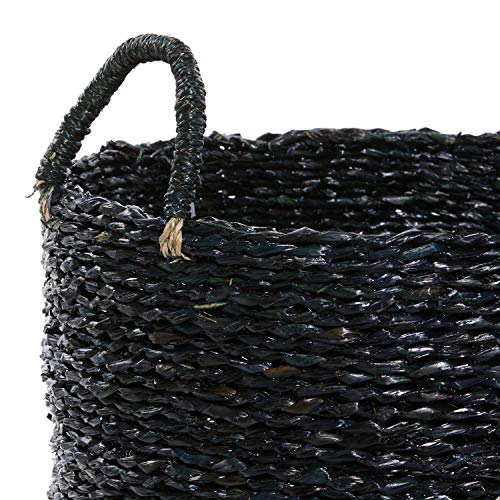 Deco 79 Seagrass Handmade Two Toned Storage Basket with Handles, Set of 3 17", 15", 14"H, Black