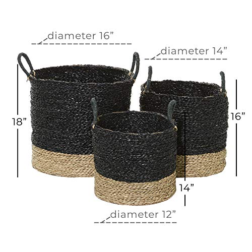 Deco 79 Seagrass Handmade Two Toned Storage Basket with Handles, Set of 3 17", 15", 14"H, Black