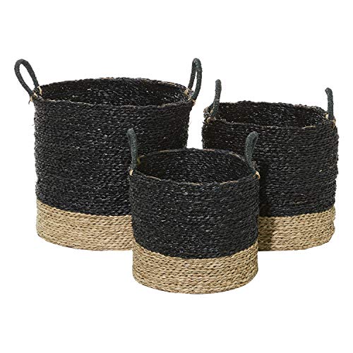 Deco 79 Seagrass Handmade Two Toned Storage Basket with Handles, Set of 3 17", 15", 14"H, Black