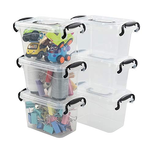 Idotry 6-Pack Mini Plastic Storage Latch Box, 1.5 L Clear Containers with Lids, F