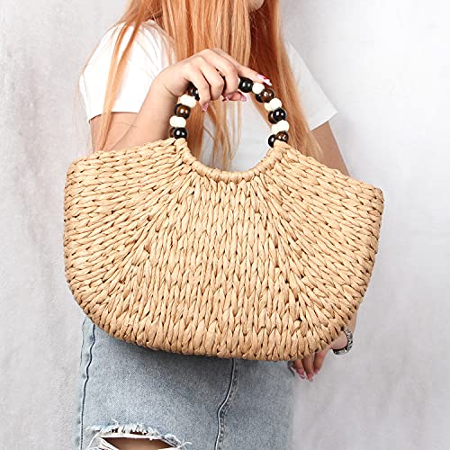 Comeon Natural Straw Bag, Hand Woven Casual Tote Bag Summer Beach Bag, Bead decoration Handle Handbags (Camel)