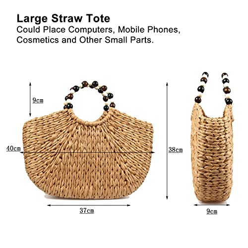 Comeon Natural Straw Bag, Hand Woven Casual Tote Bag Summer Beach Bag, Bead decoration Handle Handbags (Camel)