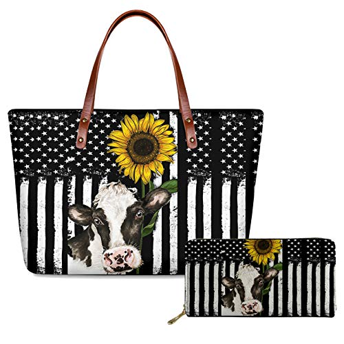 HUIACONG Top Handle Handbag and Wallet Set for Women Girls Gifts,Cow Sunflower Tote Purse Larse Travel Beach Bag,College School Shoulder Bag and Small Wallets