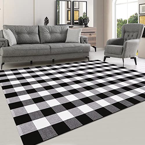 LHLJOYU Buffalo Plaid Rug Black and White Check Rugs Extra Large 5' x 7' Machine Washable Carpet Retro Lattice Checkered Outdoor Rug for Living Room Dining Room Bedroom Farmhouse(Plaid, 5' x 7')