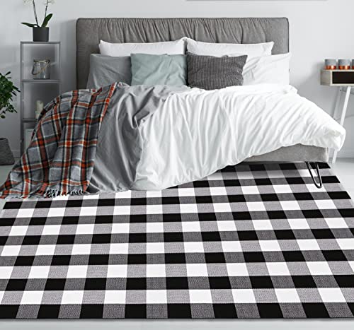 LHLJOYU Buffalo Plaid Rug Black and White Check Rugs Extra Large 5' x 7' Machine Washable Carpet Retro Lattice Checkered Outdoor Rug for Living Room Dining Room Bedroom Farmhouse(Plaid, 5' x 7')