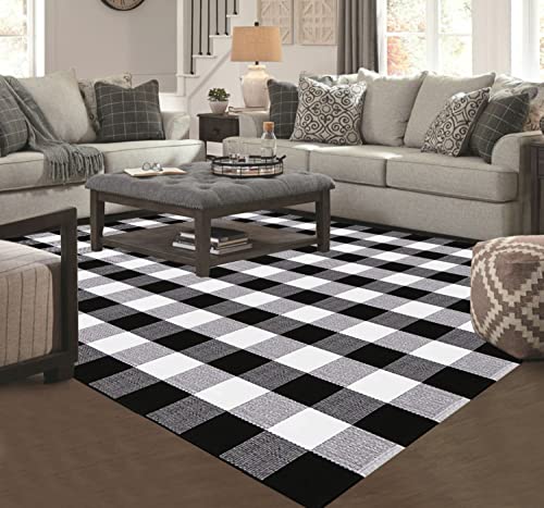 LHLJOYU Buffalo Plaid Rug Black and White Check Rugs Extra Large 5' x 7' Machine Washable Carpet Retro Lattice Checkered Outdoor Rug for Living Room Dining Room Bedroom Farmhouse(Plaid, 5' x 7')