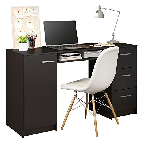 Madesa Home Office Computer Writing Desk with 3 Drawers, 1 Door and 1 Storage Shelf, Plenty of Space, Wood, 30” H x 18” D x 53” W - Black