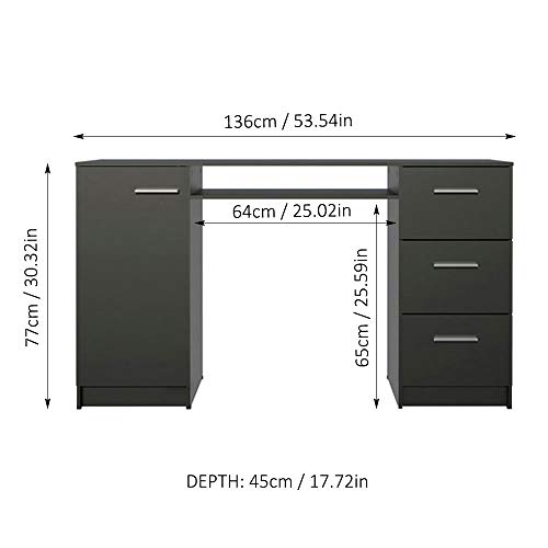 Madesa Home Office Computer Writing Desk with 3 Drawers, 1 Door and 1 Storage Shelf, Plenty of Space, Wood, 30” H x 18” D x 53” W - Black