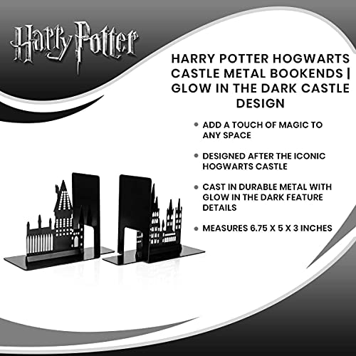 Harry Potter Hogwarts Castle Metal Bookends | Die Cut Metal Bookends with Hogwarts Castle Silhouette Glow in The Dark Design | Ideal for Harry Potter Book Collections & More