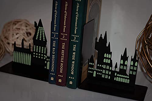 Harry Potter Hogwarts Castle Metal Bookends | Die Cut Metal Bookends with Hogwarts Castle Silhouette Glow in The Dark Design | Ideal for Harry Potter Book Collections & More