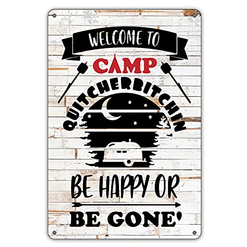 QIONGQI Funny Welcome to Camp Metal Tin Sign Wall Decor Farmhouse Rustic Camping Signs with Sayings for Home Camper Room Decor Gifts (Wooden Style)