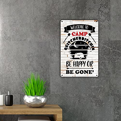 QIONGQI Funny Welcome to Camp Metal Tin Sign Wall Decor Farmhouse Rustic Camping Signs with Sayings for Home Camper Room Decor Gifts (Wooden Style)