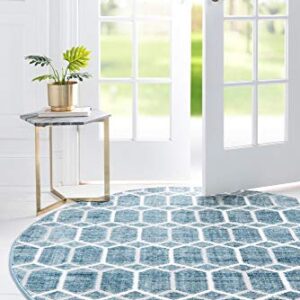 Rugs.com Lattice Trellis Collection Rug – 8 Ft Round Blue Low-Pile Rug Perfect for Kitchens, Dining Rooms