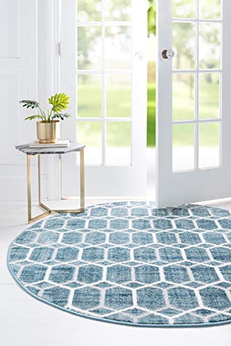 Rugs.com Lattice Trellis Collection Rug – 8 Ft Round Blue Low-Pile Rug Perfect for Kitchens, Dining Rooms