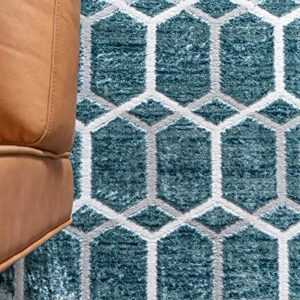 Rugs.com Lattice Trellis Collection Rug – 8 Ft Round Blue Low-Pile Rug Perfect for Kitchens, Dining Rooms