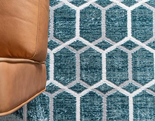 Rugs.com Lattice Trellis Collection Rug – 8 Ft Round Blue Low-Pile Rug Perfect for Kitchens, Dining Rooms