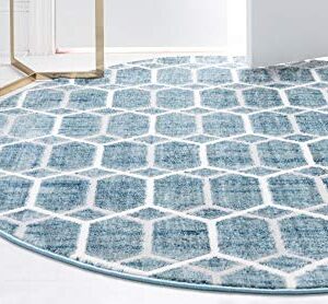 Rugs.com Lattice Trellis Collection Rug – 8 Ft Round Blue Low-Pile Rug Perfect for Kitchens, Dining Rooms