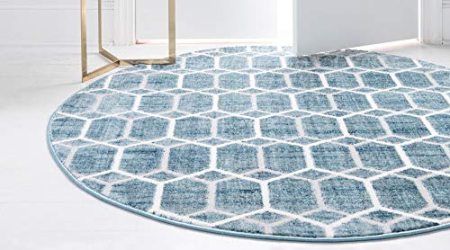 Rugs.com Lattice Trellis Collection Rug – 8 Ft Round Blue Low-Pile Rug Perfect for Kitchens, Dining Rooms