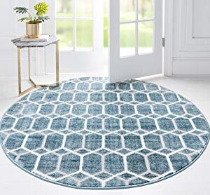 Rugs.com Lattice Trellis Collection Rug – 8 Ft Round Blue Low-Pile Rug Perfect for Kitchens, Dining Rooms