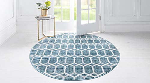 Rugs.com Lattice Trellis Collection Rug – 8 Ft Round Blue Low-Pile Rug Perfect for Kitchens, Dining Rooms