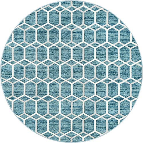 Rugs.com Lattice Trellis Collection Rug – 8 Ft Round Blue Low-Pile Rug Perfect for Kitchens, Dining Rooms