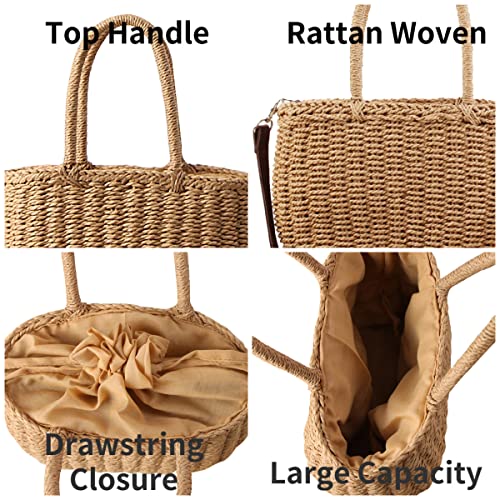 Comeon Natural Straw Bag, Hand Woven Casual Shoulder Bags Tote Bag Handle Handbags Retro Summer Beach Bag (Camel)