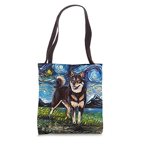 Black and Tan Shiba Inu Starry Night Cute Dog Art by Aja Tote Bag