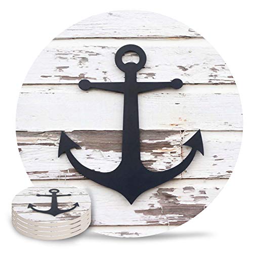 Retro Nautical Anchor Drink Coasters Absorbent Natural Ceramic Stone Bar Coasters Set of 4 - Cup Mat with Cork Backing, Housewarming Gifts for Home Kitchen Decorations Timeworn Weathered Wooden Planks