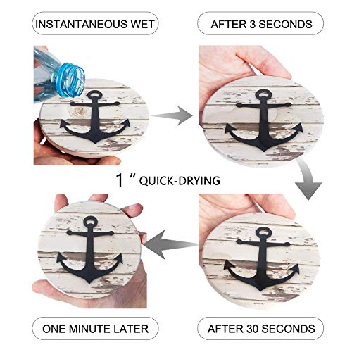 Retro Nautical Anchor Drink Coasters Absorbent Natural Ceramic Stone Bar Coasters Set of 4 - Cup Mat with Cork Backing, Housewarming Gifts for Home Kitchen Decorations Timeworn Weathered Wooden Planks