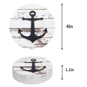 Retro Nautical Anchor Drink Coasters Absorbent Natural Ceramic Stone Bar Coasters Set of 4 - Cup Mat with Cork Backing, Housewarming Gifts for Home Kitchen Decorations Timeworn Weathered Wooden Planks