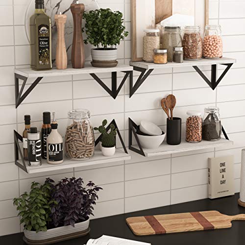 Wallniture Milan White Floating Shelves for Wall, Wood Wall Shelves for Kitchen Organization and Storage, 17"x6" Geometric Triangle Shelf Set of 4