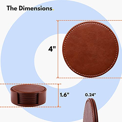 LAMOTI Leather Coasters for Drinks, 4" Drink Coasters Set of 6 with Holder for Tabletop Protection, Handmade Luxurious Home Décor and Housewarming Gift (Brown)