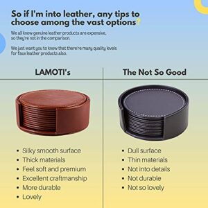 LAMOTI Leather Coasters for Drinks, 4" Drink Coasters Set of 6 with Holder for Tabletop Protection, Handmade Luxurious Home Décor and Housewarming Gift (Brown)