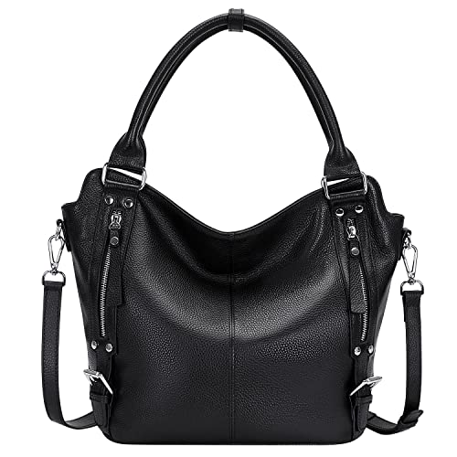 Over Earth Genuine Leather Handbags for Women Hobo Shoulder Bag Ladies Leather Tote Bag(O172E Black)