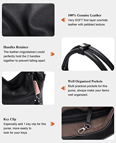 Over Earth Genuine Leather Handbags for Women Hobo Shoulder Bag Ladies Leather Tote Bag(O172E Black)