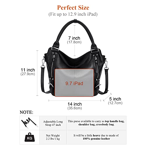 Over Earth Genuine Leather Handbags for Women Hobo Shoulder Bag Ladies Leather Tote Bag(O172E Black)