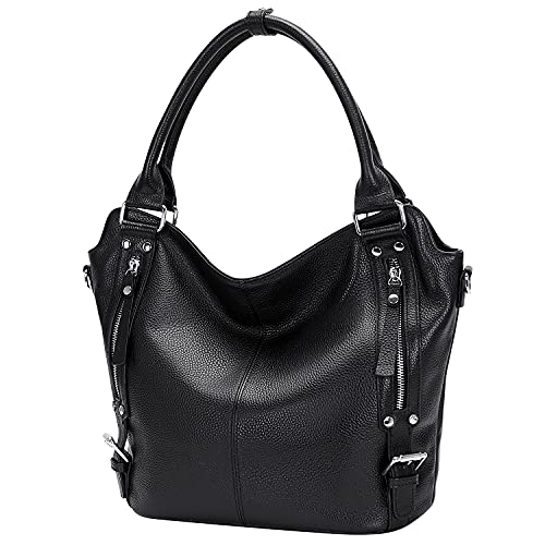 Over Earth Genuine Leather Handbags for Women Hobo Shoulder Bag Ladies Leather Tote Bag(O172E Black)