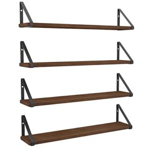 wallniture ponza floating shelves for wall, 24″ rustic wood wall shelves for bedroom decor, living room book shelves, kitchen organization walnut set of 4